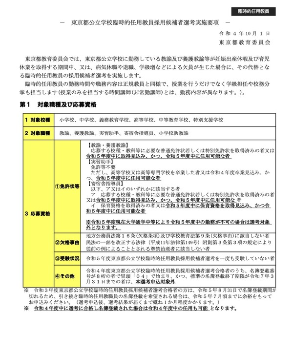東京都、23年度公立学校臨時的任用教員・時間講師の募集開始 2枚目の写真・画像 | 教育業界ニュース「ReseEd（リシード）」